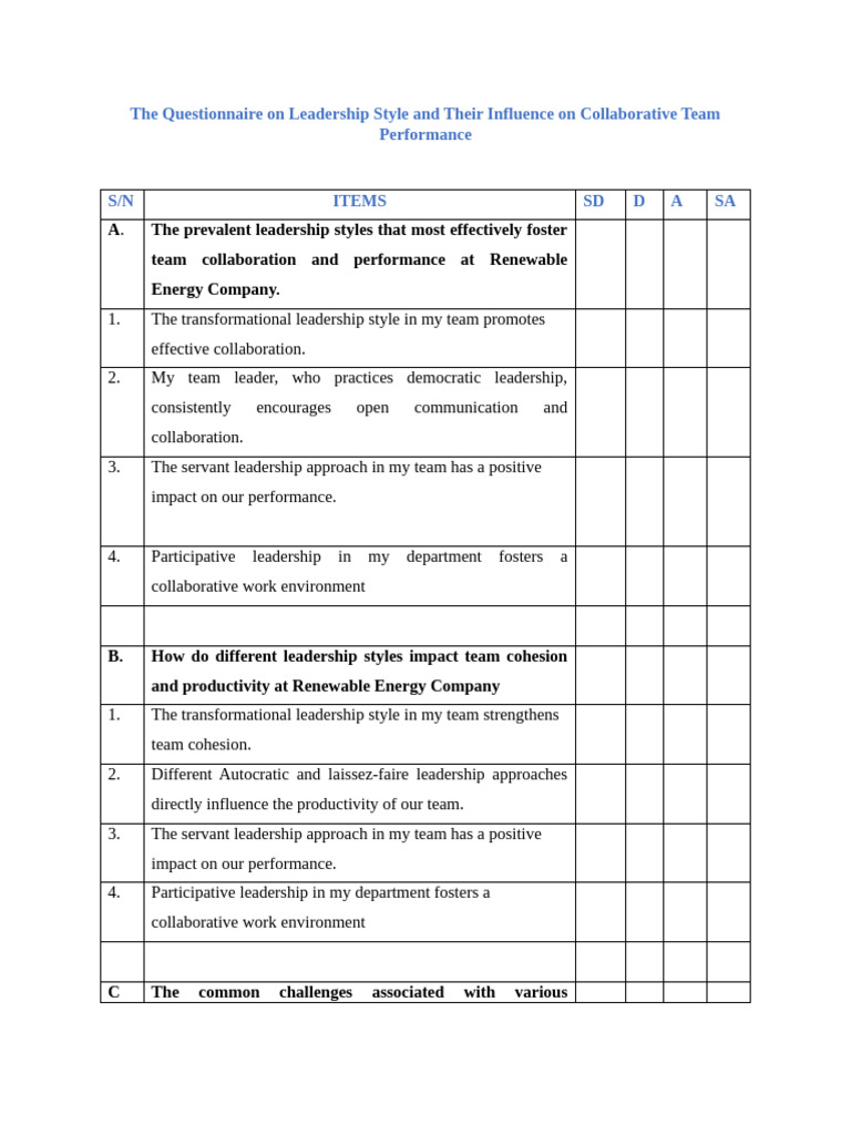 Research Questionnaire (1) | PDF | Leadership | Transformational Leadership