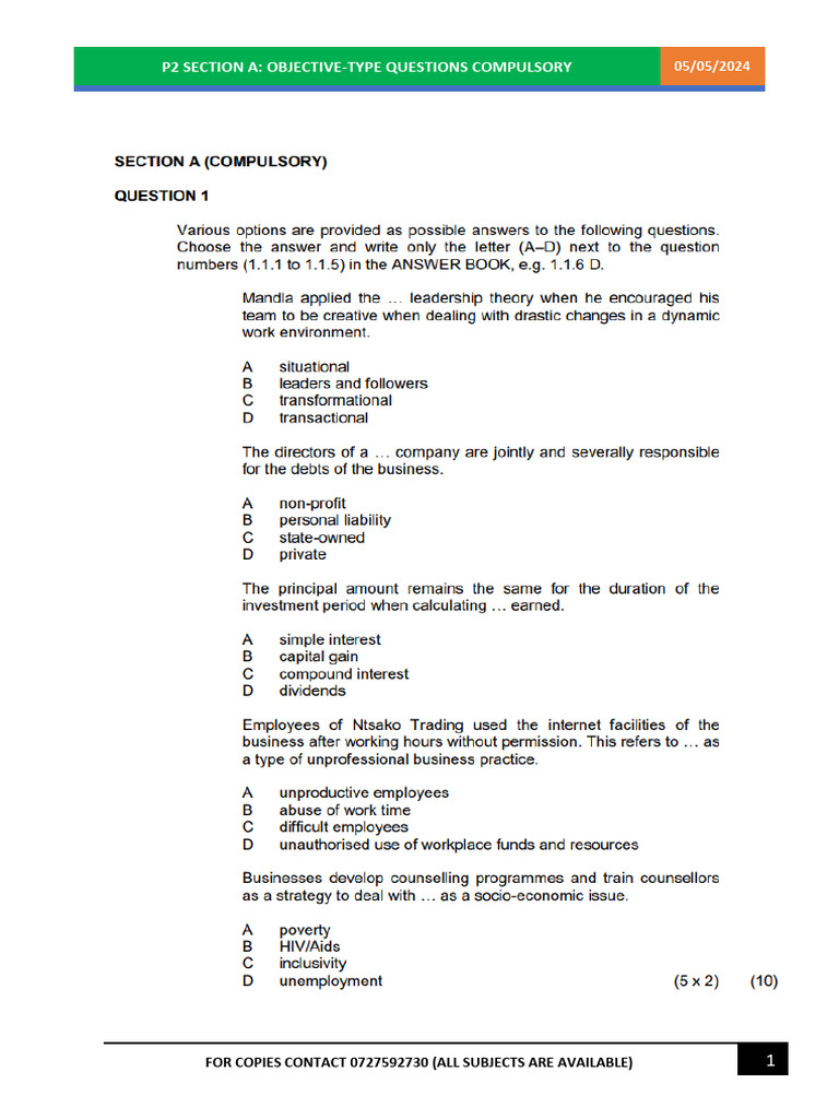 P2 Objective-Type Questions 2024 | PDF