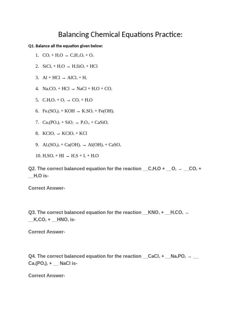Balancing Chemical Equations Practice Pdf