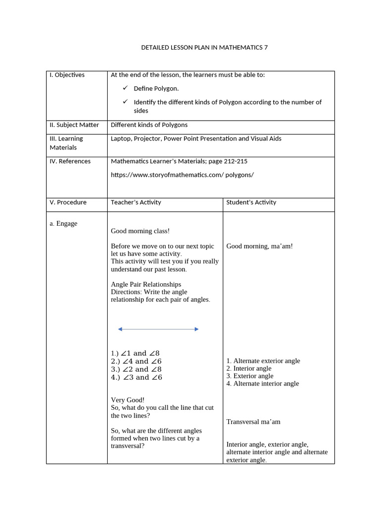 DETAILED LESSON PLAN IN MATHEMATICS 7 Polygons | PDF | Shape | Polygon