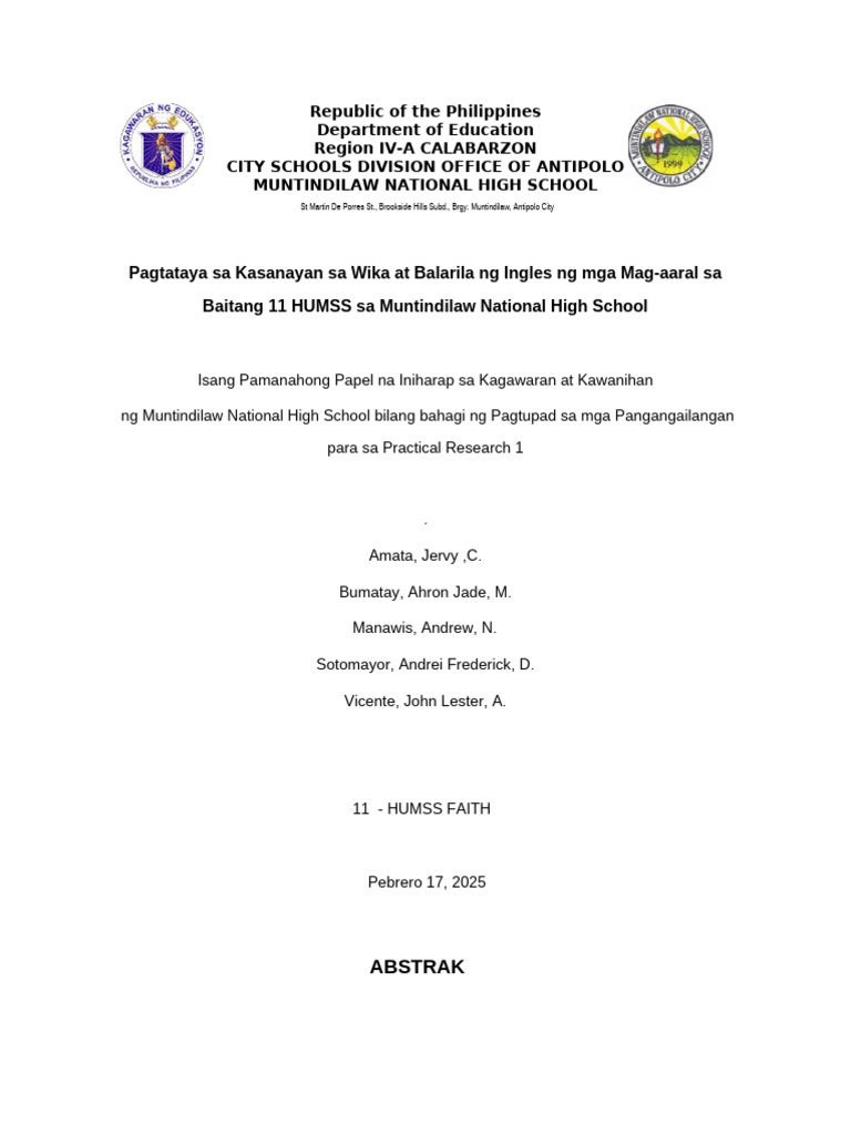 Pagtataya-sa-Kasanayan-sa-Wika-at-Balarila-ng-Ingles-ng-mga-Mag-aaral ...