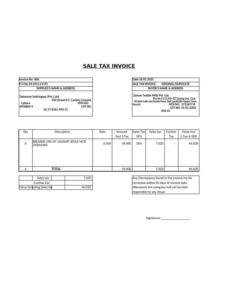 Invoice # 0125-606 Dated 16-01-25 Zaman Textile | PDF