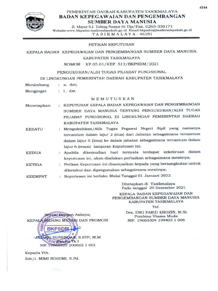 SK Jabatan 2022 196507042008012005 | PDF