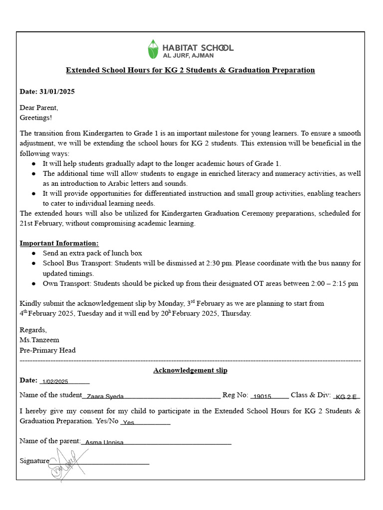 Extended School Hours For KG 2 Students & Graduation Preparation | PDF