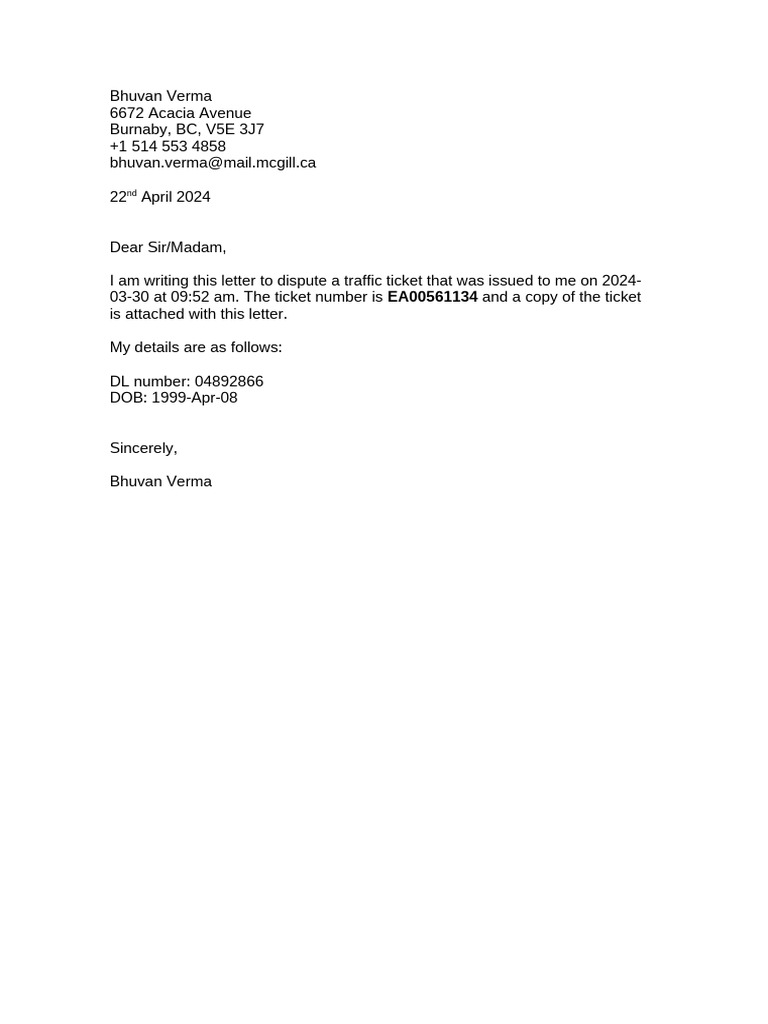 Traffic Violation Appeal Letter | PDF