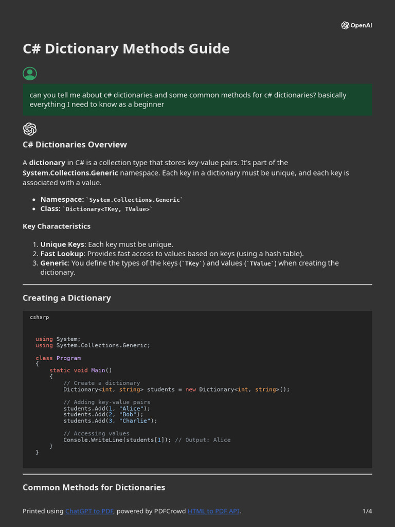 C# Dictionary Methods Guide | PDF | C Sharp (Programming Language) | Programming Paradigms