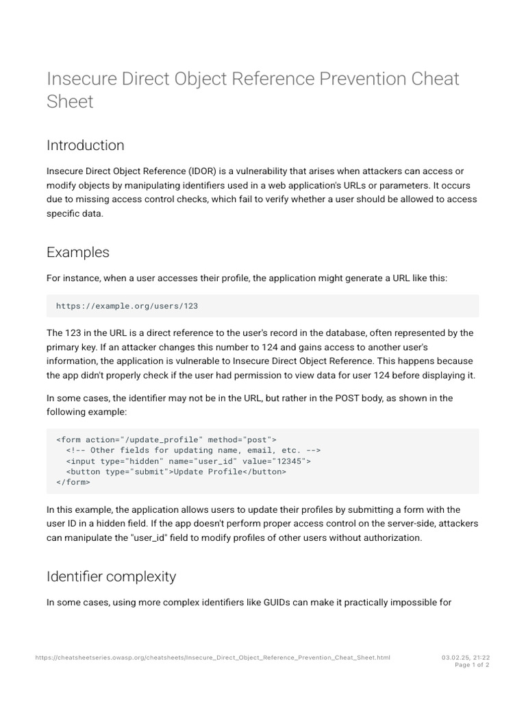 Insecure Direct Object Reference Prevention - OWASP Cheat Sheet Series | PDF | Access Control ...