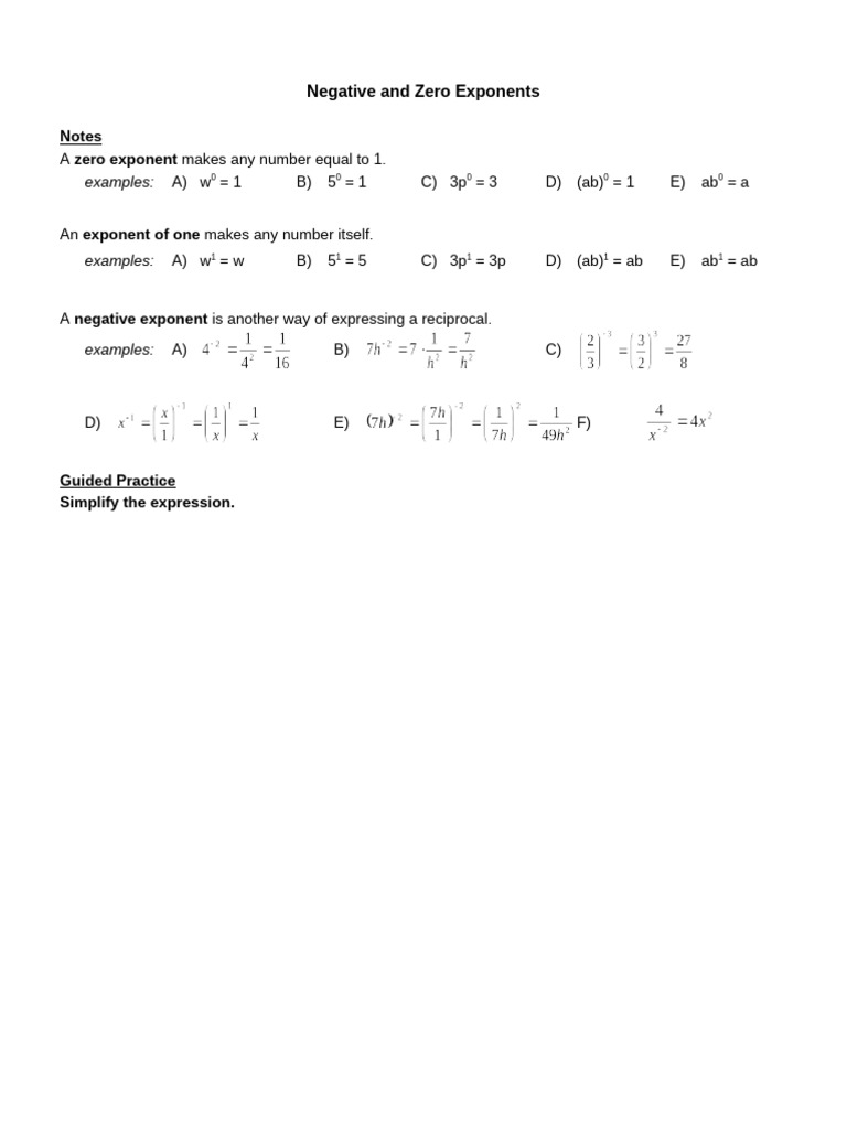 Negative and Zero Exponents Lesson | PDF