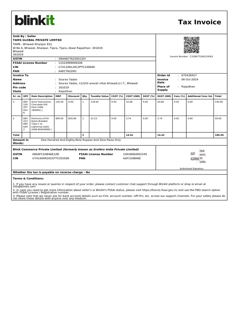 Tax Invoices for Sourav Yadav's Orders | PDF | Invoice | Economy Of India