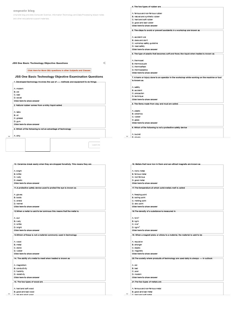 JSS One Basic Technology Objective Questions | PDF | Metals | Natural Rubber