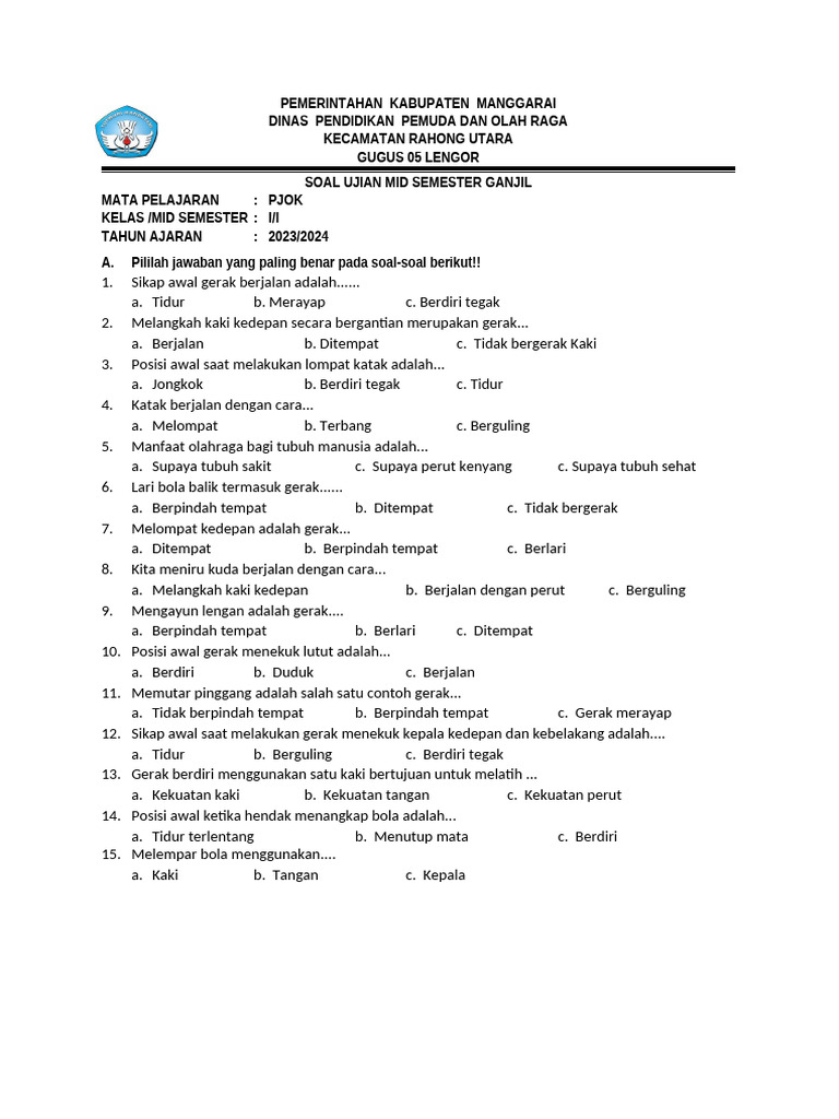 Soal Mid Sem 1 Kelas 1 2023 | PDF