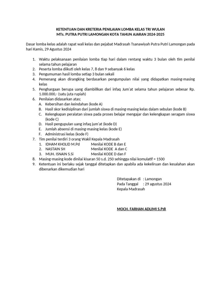 Ketentuan Dan Kreteria Penilaian Lomba Kelas Tri Wulan | PDF