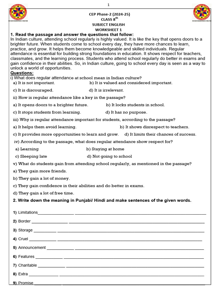 Class 8 English CEP Phase-2 Worksheet | PDF | Verb | Adjective