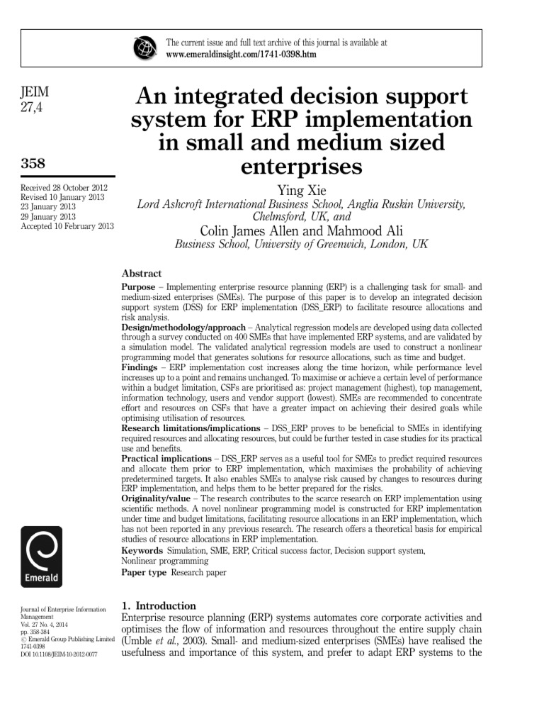 An Integrated Decision Support System for ERP Implementation in Small ...