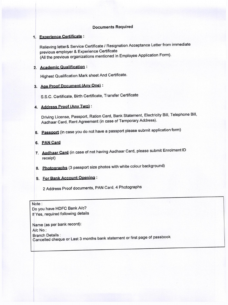 Documents Required For Joining Formalities-Experienced | PDF