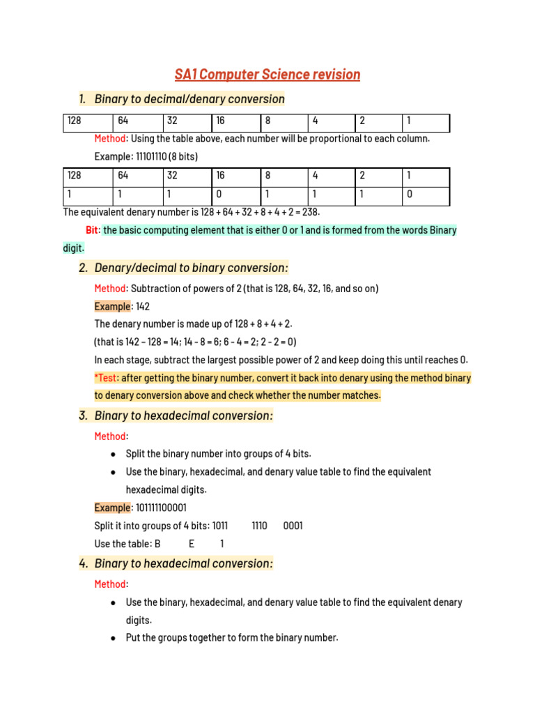 SA1 Computer Science Revision | PDF | Computer Data Storage | Data Compression