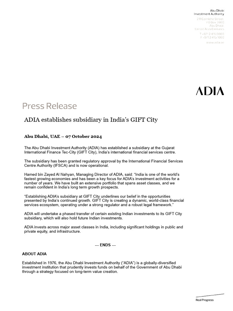 Press Release Adia Establishes Subsidiary at Gift City English | PDF