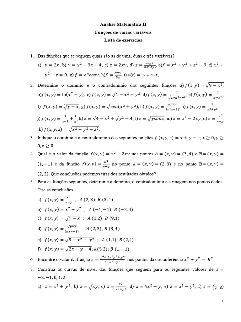 Funções de Várias Variáveis: Exercícios | PDF | Função (Matemática ...