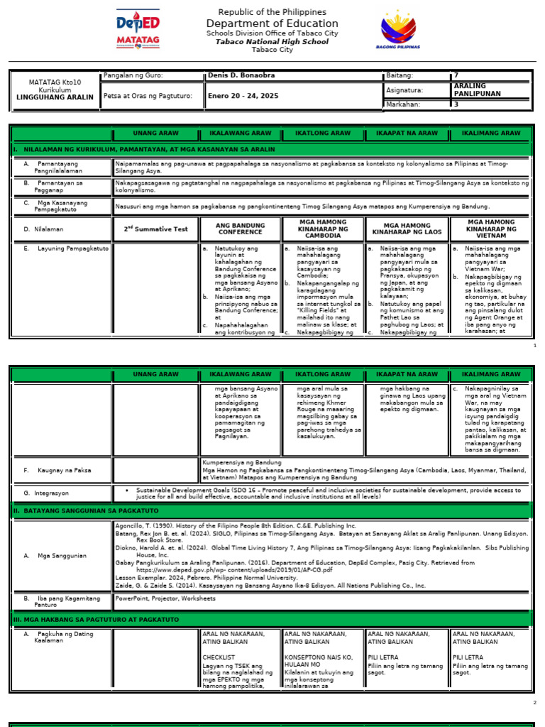 DLP - Q3 Week 4 - Mga Hamon NG Pagkabansa Sa Pangkontinenteng Timog Silangang Asya Matapos Ang ...