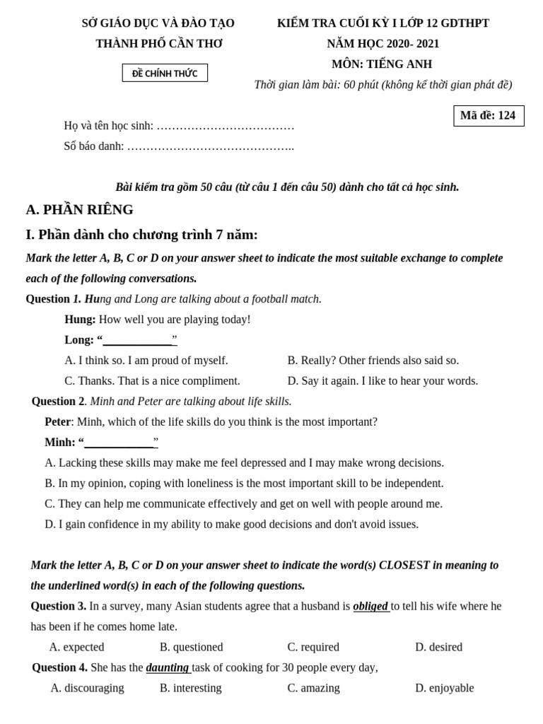 (Lib24.vn) De-Thi-Hoc-Ki-1-Tieng-Anh-12-Thanh-Pho-Can-Tho-Nam-2020-2021 | PDF | Nonverbal ...