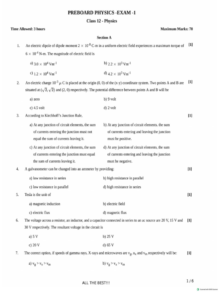 Preboard Physics Exam - 1 Class - A PDF | PDF