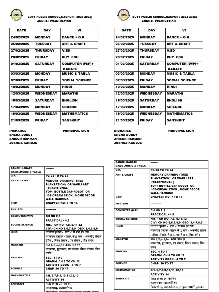 Vi Annual Exam Time Table | PDF
