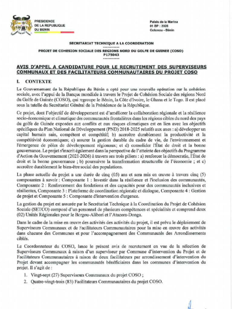Recrutement Superviseurs Facilitateurs Projet Coso PDF | PDF