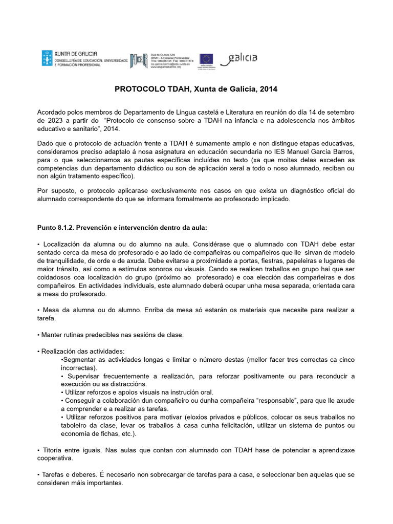 Protocolo TDAH Conselleria Educacion Adaptacion Dep Lingua Castela | PDF