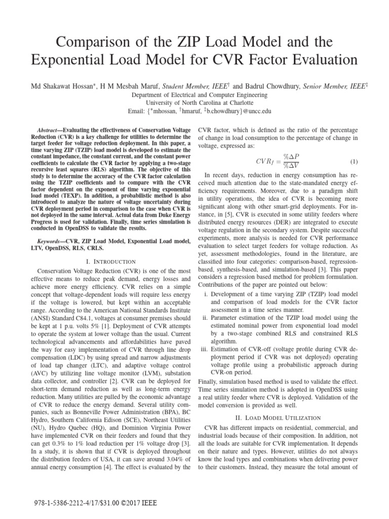 Comparison of The ZIP Load Model and The Exponential Load Model For CVR Factor Evaluation | PDF