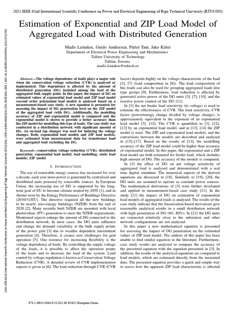 Estimation of Exponential and ZIP Load Model of Aggregated Load With Distributed Generation ...