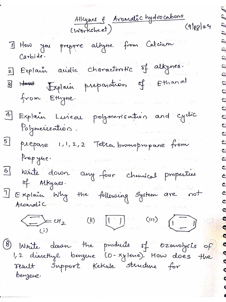 Worksheet For Alkynes and Aromatic Compounds | PDF