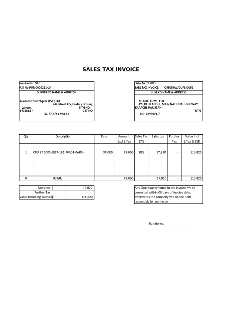 Invoice # 0125-607 Dated 16-01-25 Mekotex Textile | PDF
