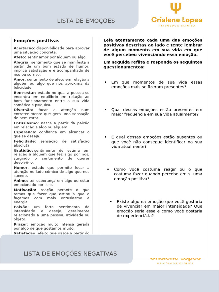 Lista de Emoções Positivas e Negativas | PDF | Emoções | Afeto (Psicologia)