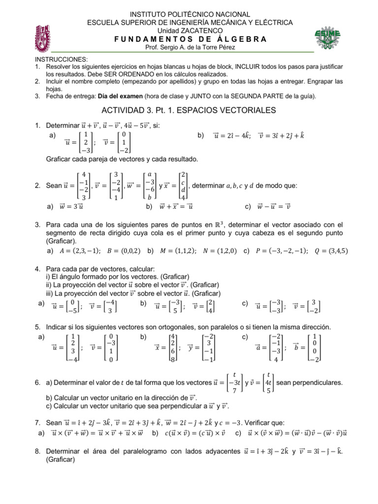 Actividad 3 - Espacios Vectoriales | PDF | Vector Euclidiano | Espacio vectorial