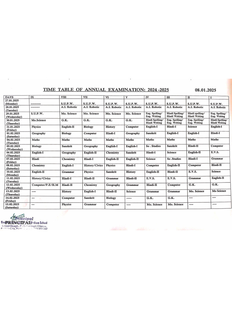 Time Table of Annual Examination 2024-25 | PDF