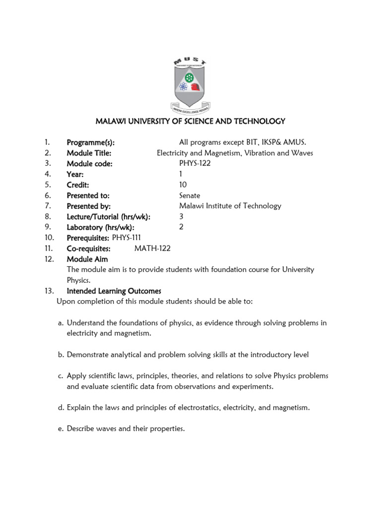 PHYS 122_Teaching Plan 2019 | PDF | Magnetic Field | Electricity