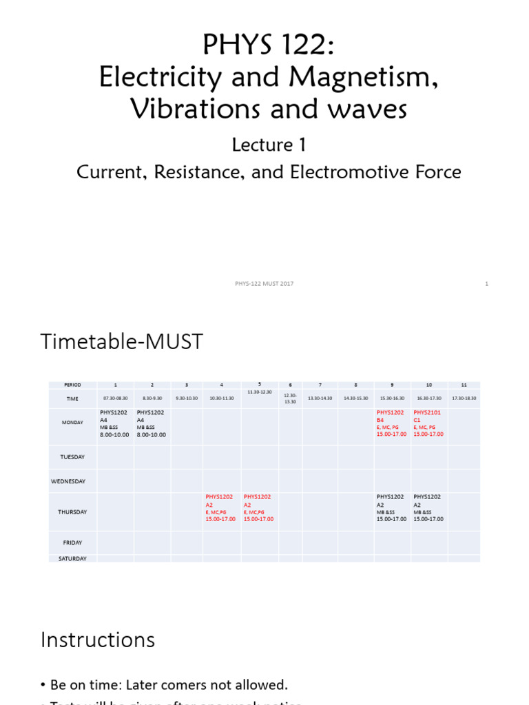 PHYS 122 Lecture 1 (Revised) 2019 | PDF | Electrical Resistivity And ...
