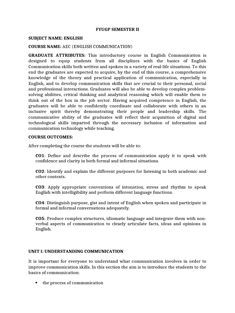 AEC English Communication - Semester II | PDF | Communication | Reading Comprehension