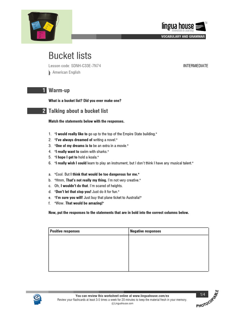 Bucket List Wishes American English Intermediate Group | PDF
