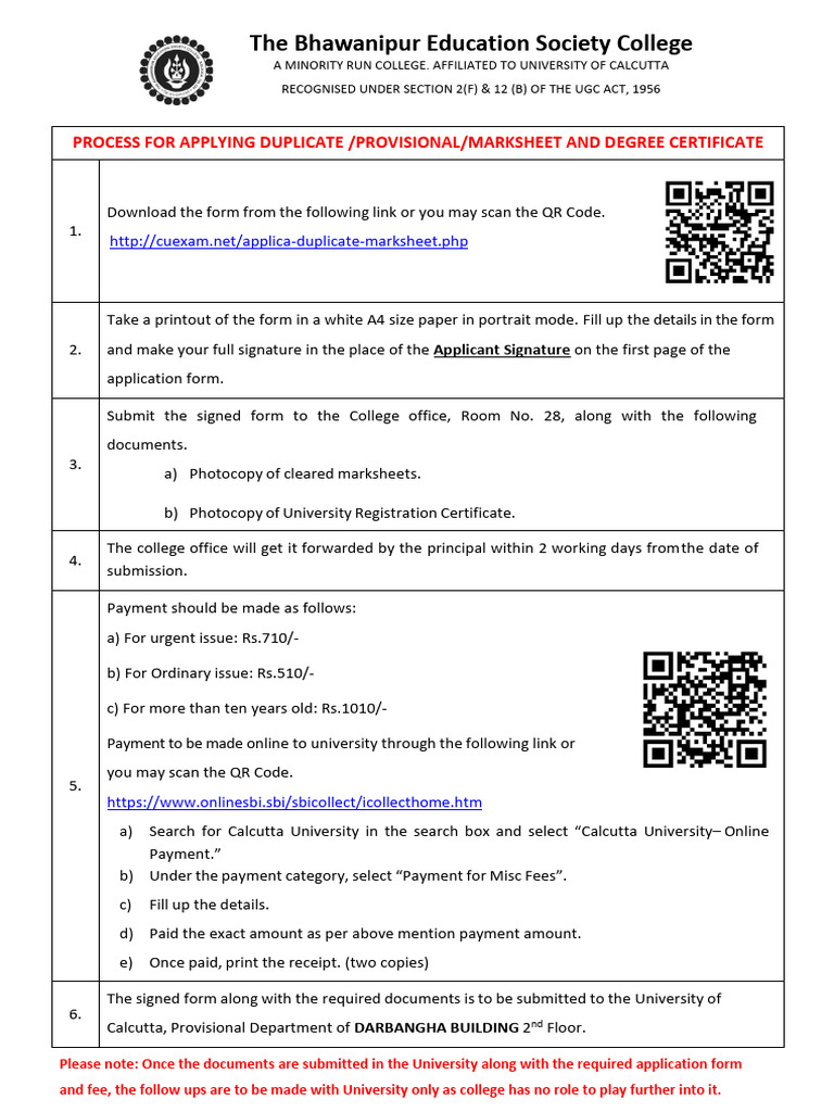 Calcutta University Certificate Application Process | PDF