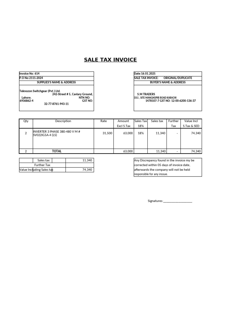 Invoice # 0125-614 Dated 16-01-25 SM TRADERS | PDF