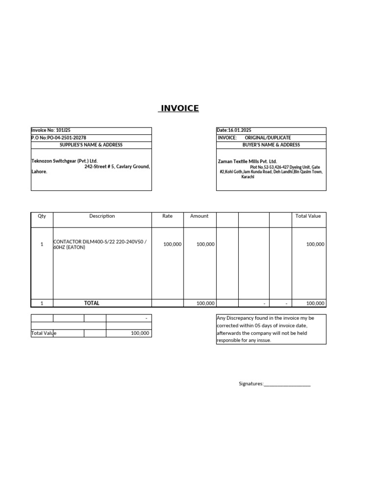Invoice #101 COMMERCIAL 16-01-25 Zaman Textile | PDF