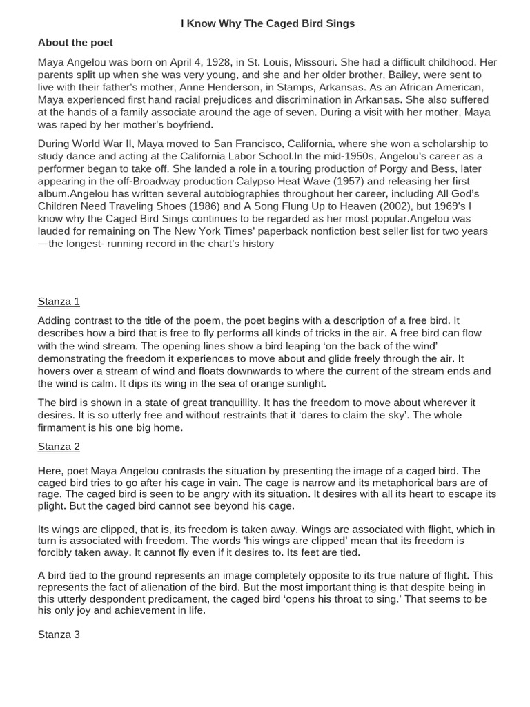 poem analysis I know why the cage bird sings | PDF