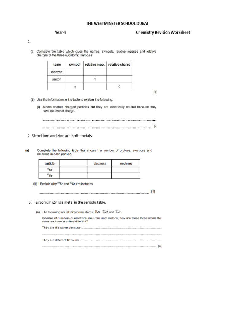 Yr 9 Chemistry Revision Worksheet CA-3 | PDF