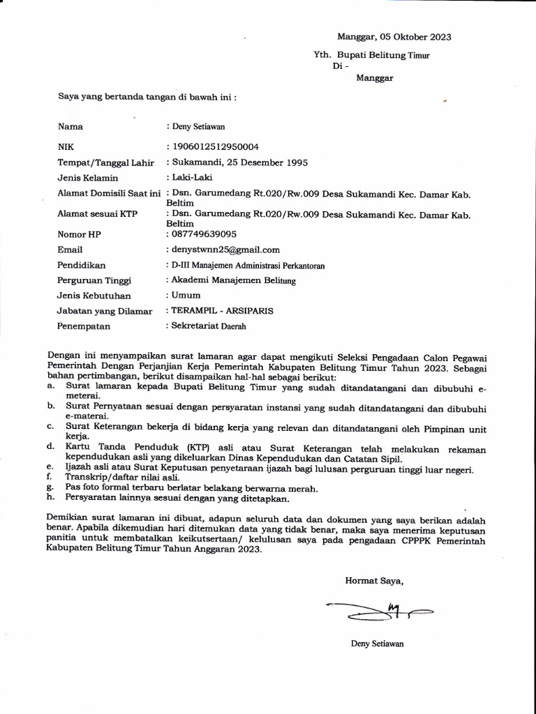 Lamaran Kerja Deny Setiawan 2023 | PDF