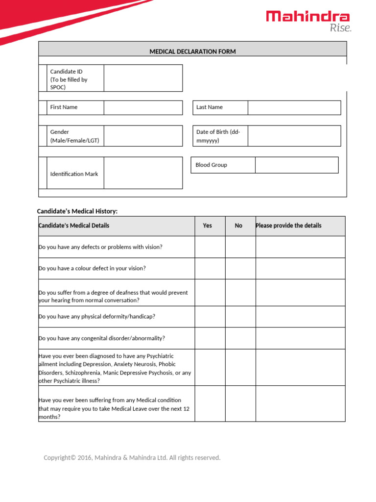 Medical Declaration Form Guide | PDF | Mental Disorder | Clinical Medicine