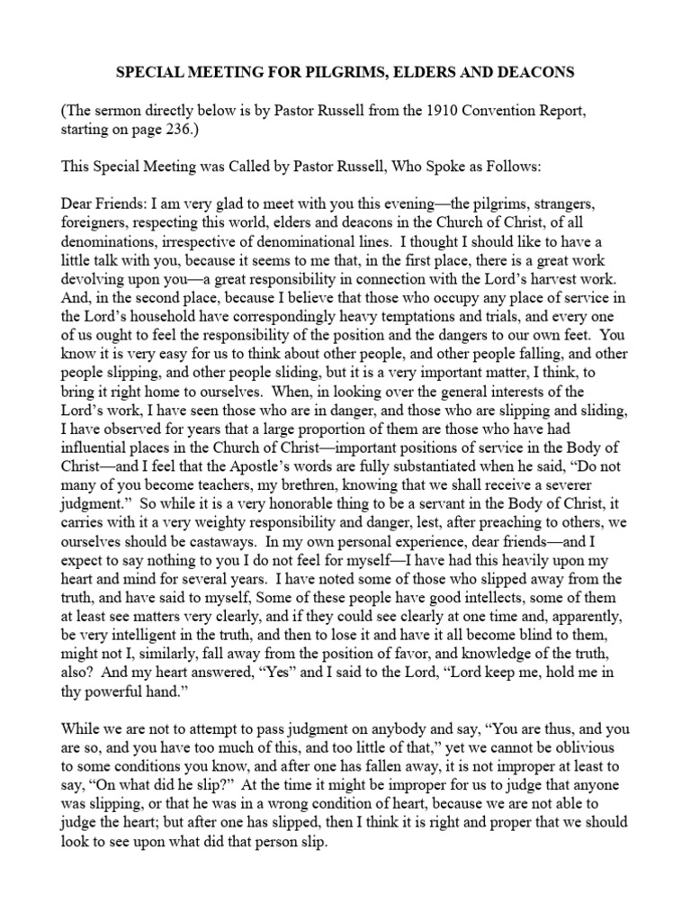 Special Meeting For Pilgrims Elders Deacons - CT RUSSELL - 346 | PDF ...