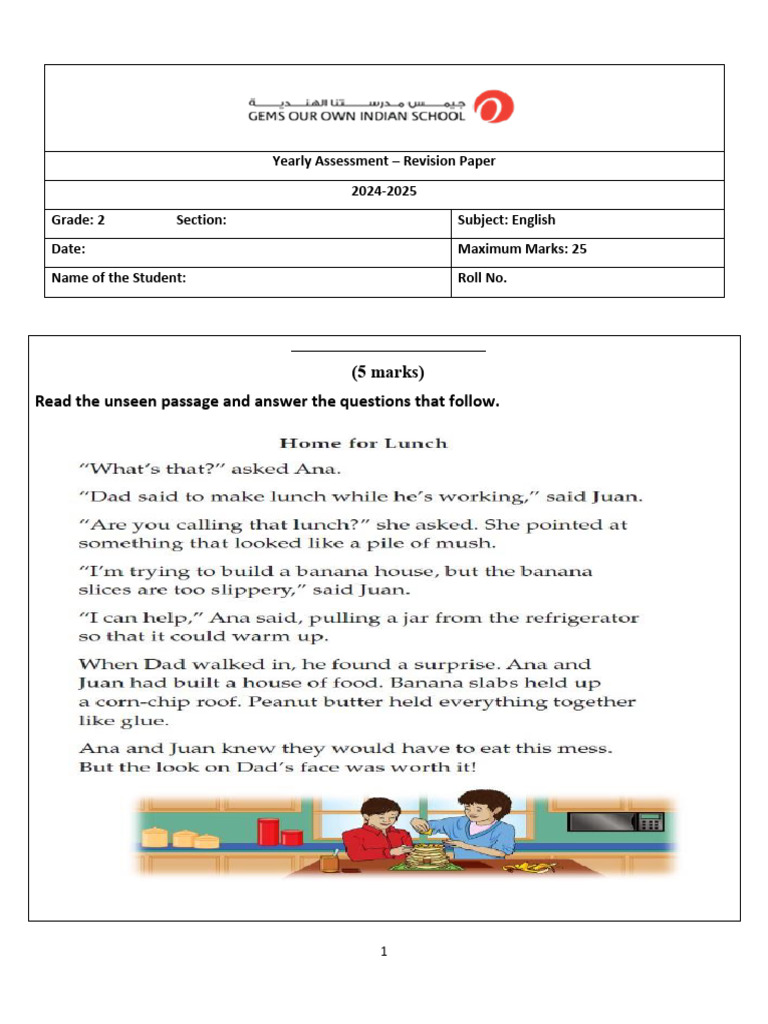 Grade 2 Revision English Yearly Assessment - 2024-2025 200 | PDF