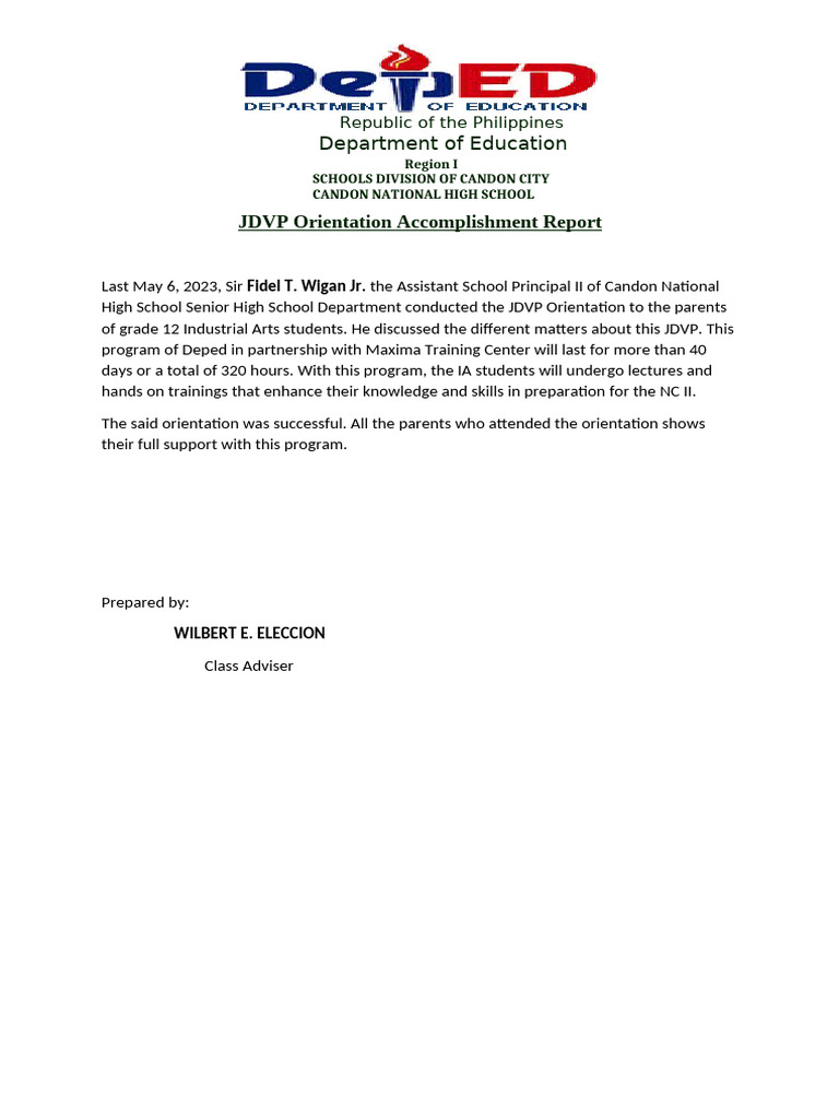 JDVP Accomplishment Report | PDF