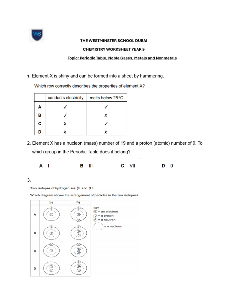 Open Year 9 Exam Practice Worksheet - Periodic Table Metals Noble Gases ...